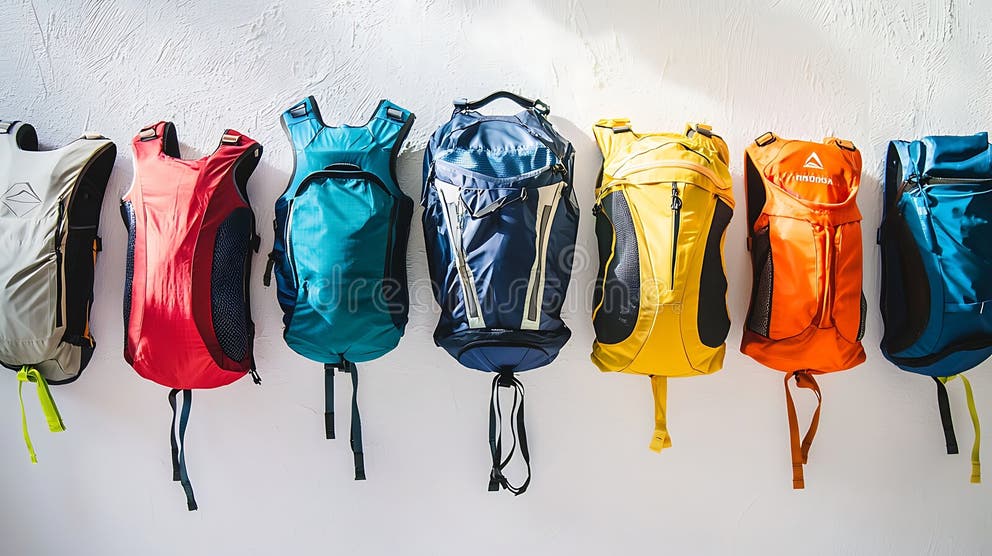 A Row of Backpacks of Different Colors and Sizes Stock Image - Image of ...