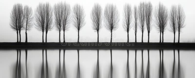 Row of Bare Trees Reflected in Water, Monochrome Landscape. Tranquility ...
