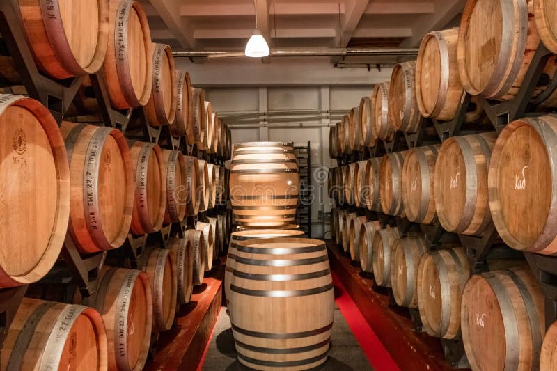 A Row of Barrels Filled with Wine Stock Photo - Image of warehouse ...