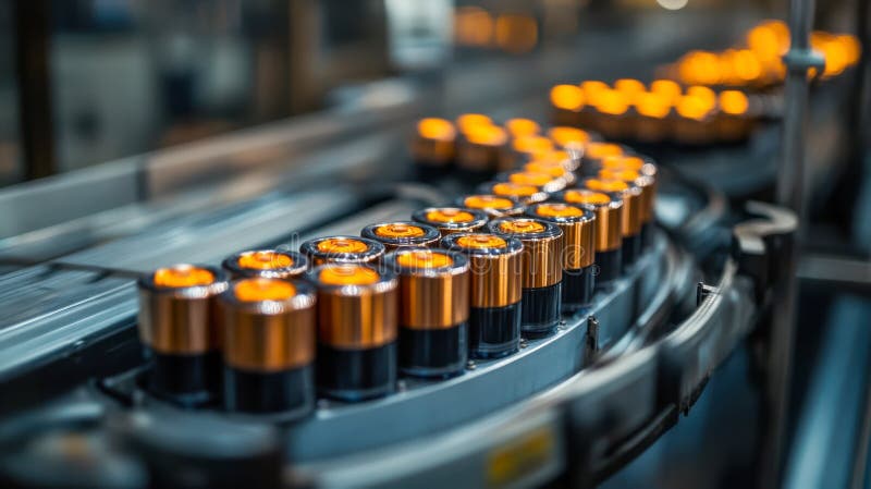 Row of Batteries on Conveyor Belt in Electronics Manufacturing Facility ...