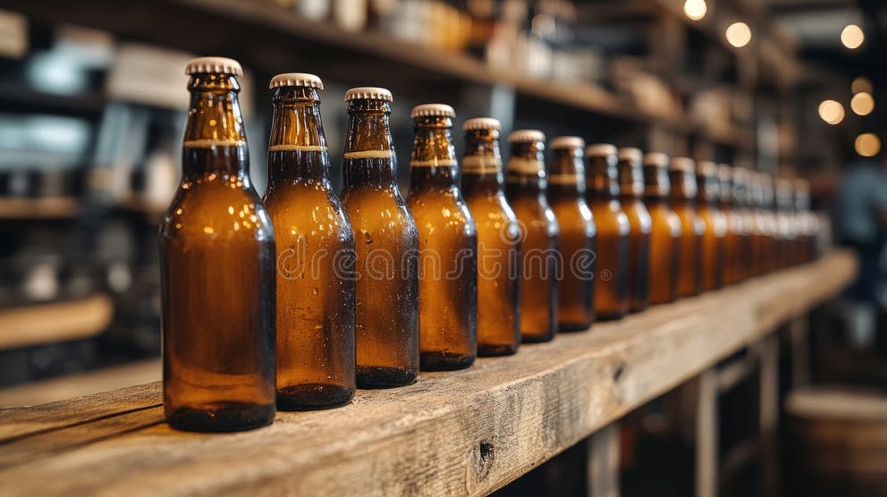 Row of Beer Bottles on a Wooden Counter in Rustic Setting. Stock Photo ...