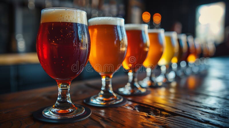 A Row of Beer Glasses on a Wooden Table, with a Variety of Colors Stock ...