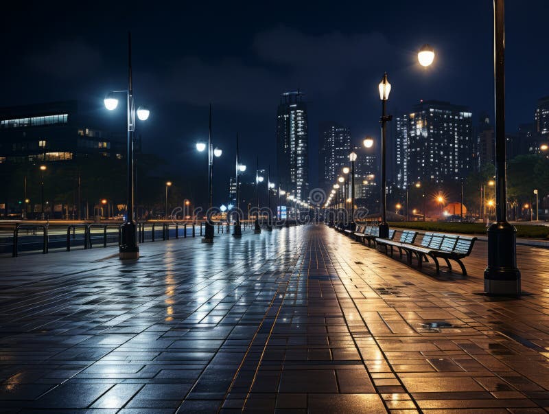 A Row of Benches on a Sidewalk at Night Stock Illustration ...