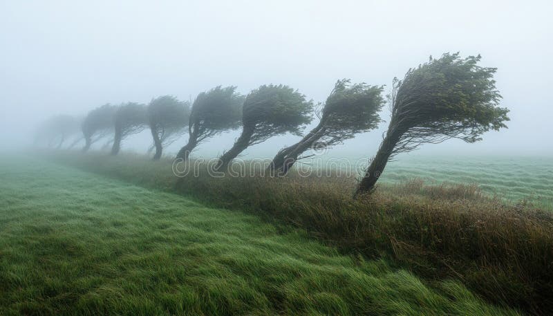 Row of Bent Trees Growing in Strong Wind on Green Meadow Stock Photo ...