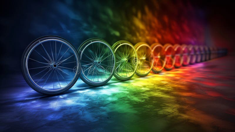 A Row of Bicycle Wheels with Different Colored Spokes in a Rainbow ...