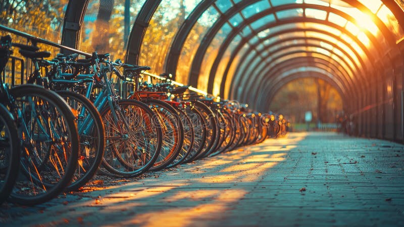 Row of Bicycles in Tunnel at Sunset with Warm Light and Shadow Play in ...