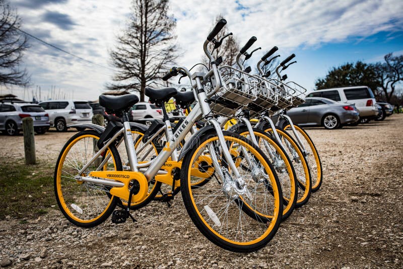 Row of Bikes for Rent Parked Outdoors at Dallas Editorial Stock Photo ...
