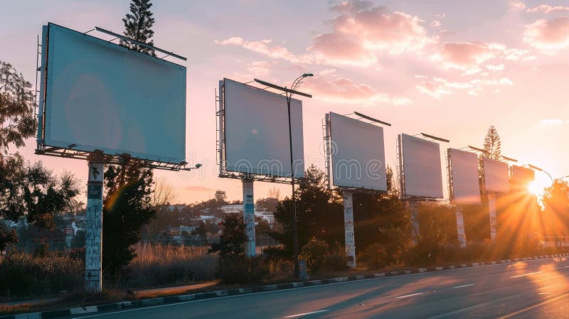 A Row of Billboards on a Highway with the Sun Setting in Front, AI ...