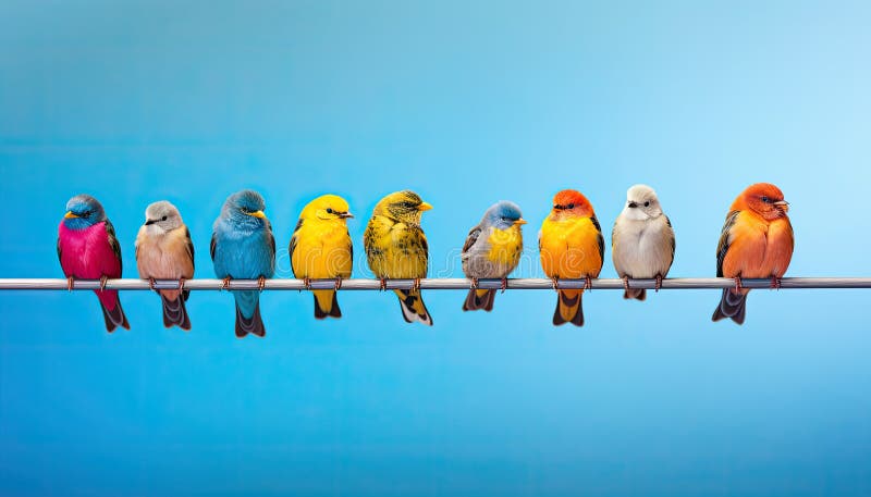Row of Birds Sitting on a Horizontal Bar Stock Image - Image of color ...