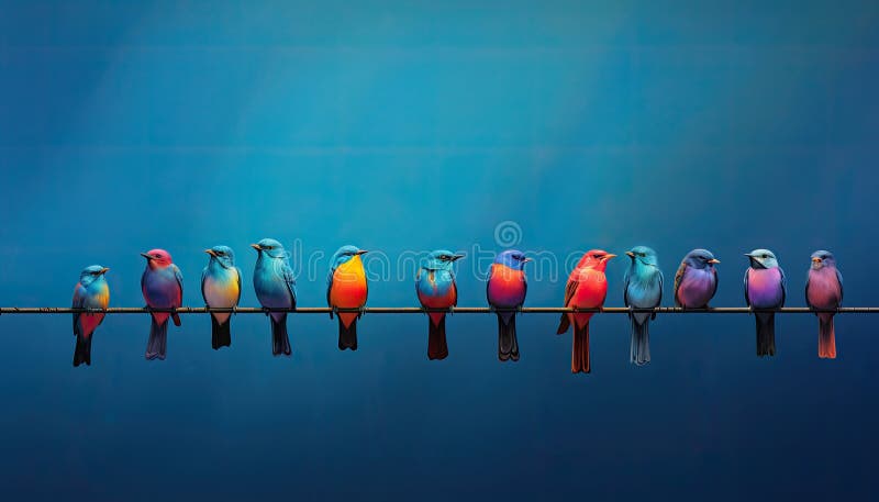 Row of Birds Sitting on a Wire, Each Bird is a Different Color. Stock ...