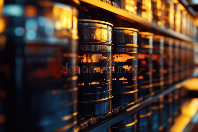 Row of Black Barrels Stacked on a Shelf, Ready for Storage or Display ...