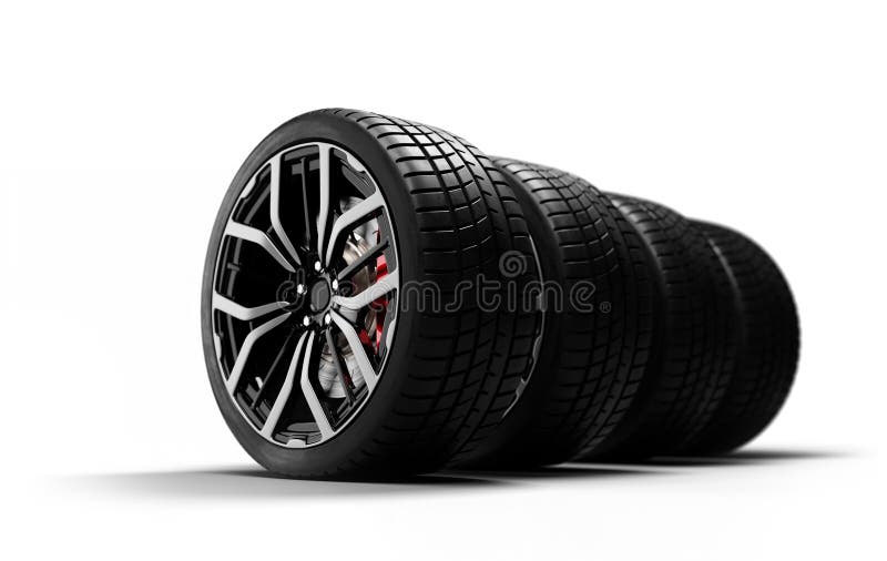 Row of Black Car Wheels with Alloy Rims on White Background Stock Photo ...