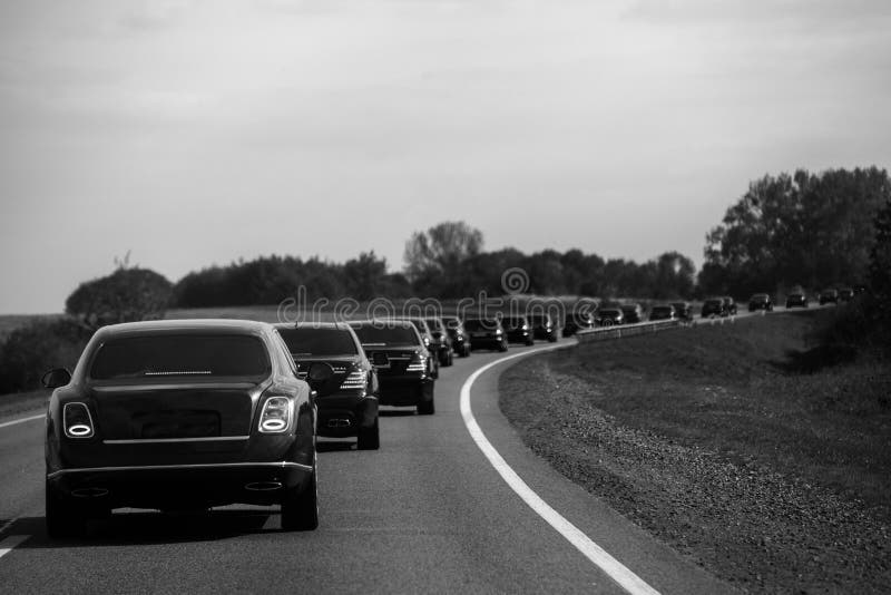 Row of Black Cars on the Road. Wedding Procession Stock Image - Image ...