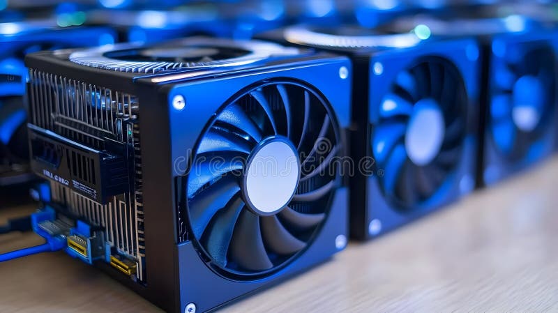Row of Black Computer Fans with Blue Lighting on Wooden Surface for ...