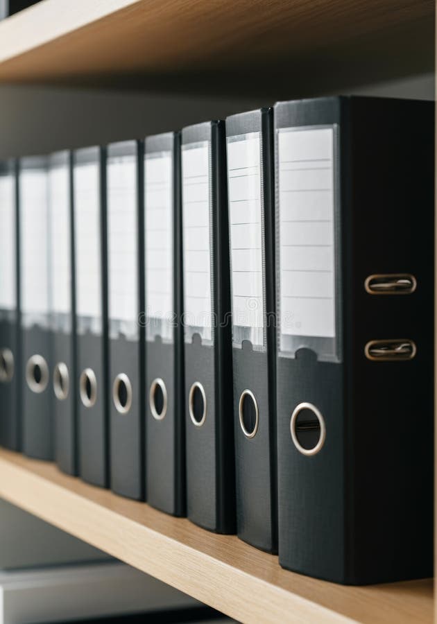 Row of Black File Binders on Wooden Shelving in Office Setting Stock ...