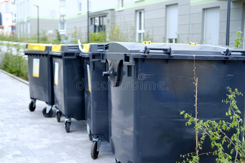 Row Black Plastic Garbage Container in Germany, Garbage Collection in ...