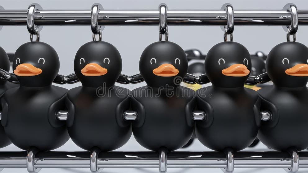 A Row of Black Rubber Ducks with Orange Beaks on a Chain, AI Stock ...
