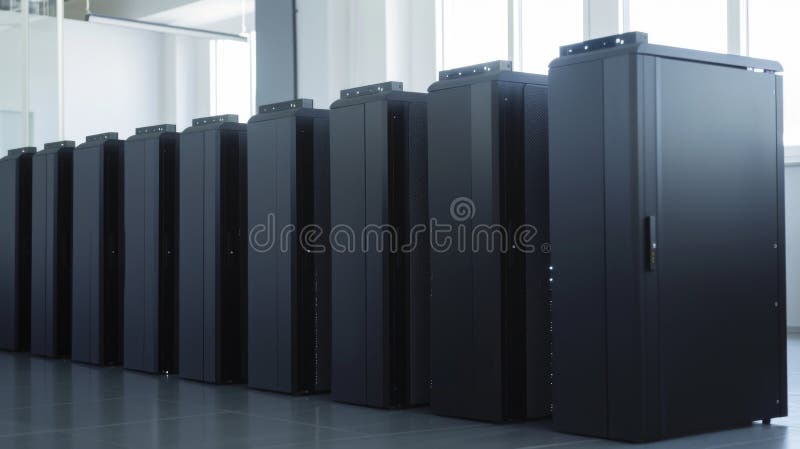 Row of Black Servers in Large Room Stock Photo - Image of network ...