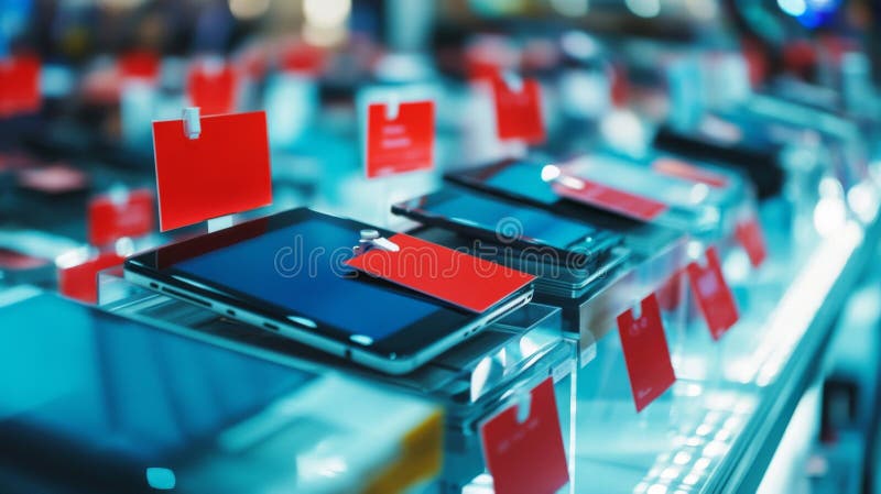 A Row of Black Tablets with Red Price Tags on a Glass Display Shelf ...