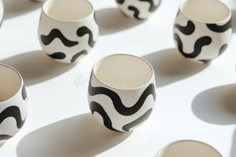 A Row of Black and White Ceramic Cups with Wavy Lines Stock ...