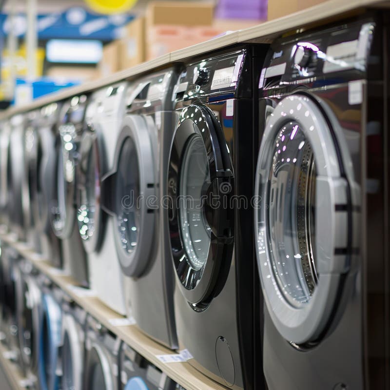 Row of Black and White Washing Machines on Display in Appliance Store ...