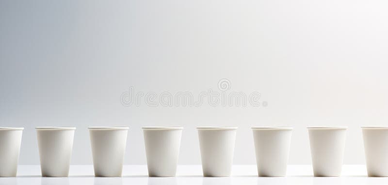 Row of Blank White Disposable Cups on Bright Surface. Takeaway Coffee ...