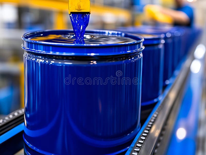 A Row of Blue Barrels on a Conveyor Belt in a Factory Stock Photo ...
