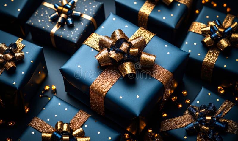 A Row of Blue and Gold Wrapped Presents with Gold Bows Stock Photo ...