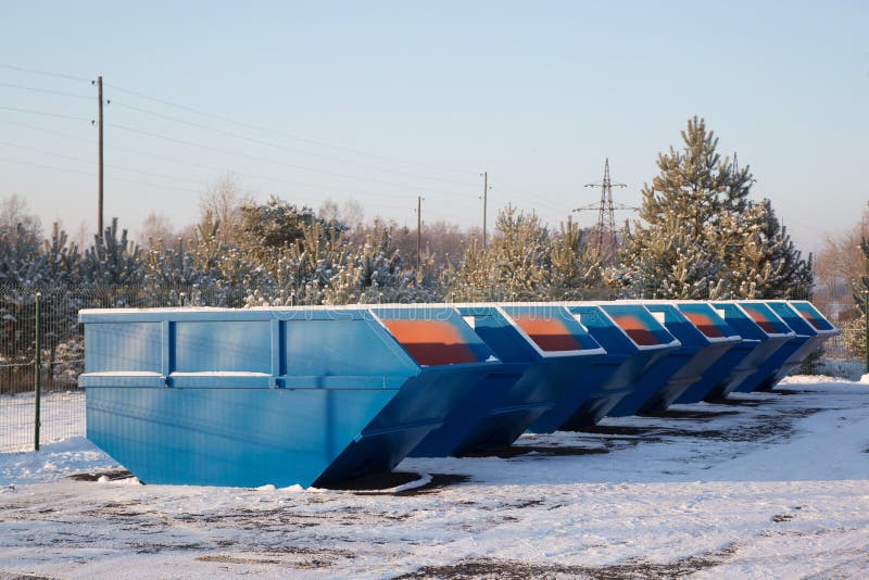 Row of Blue Large Garbage Containers Stock Photo - Image of blue ...