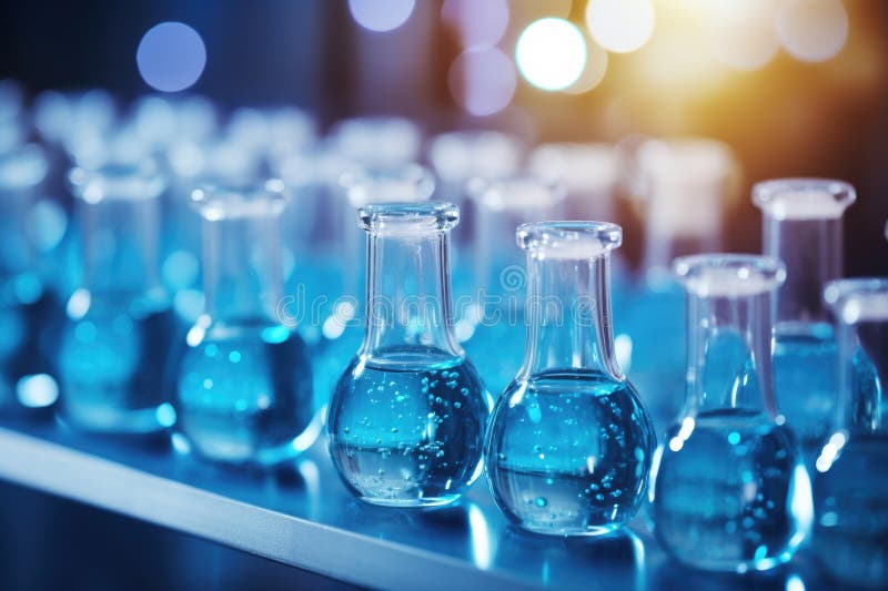 Row of Blue Liquid Filled Glass Flasks Stock Image - Image of ...