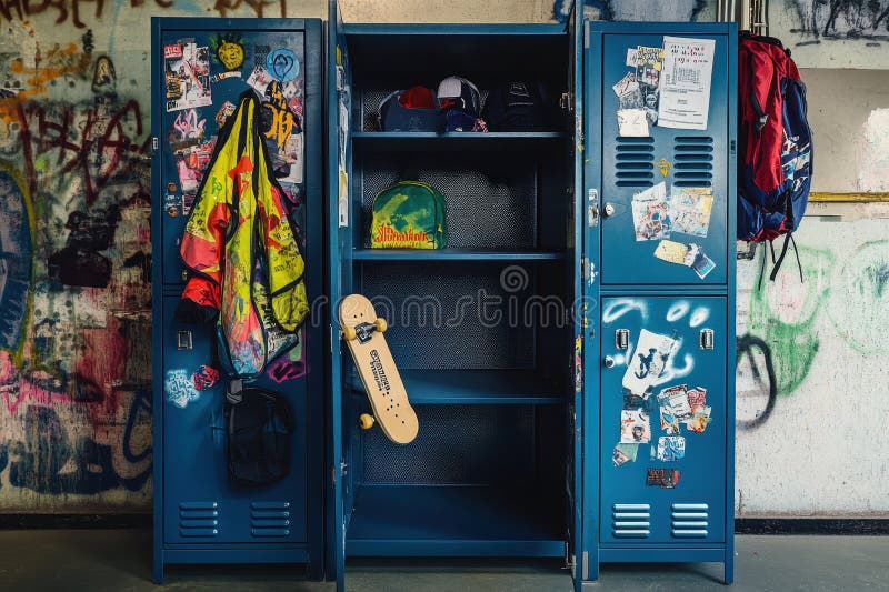 A Row of Blue Lockers Adorned with Stickers, Showcasing Personal Items ...