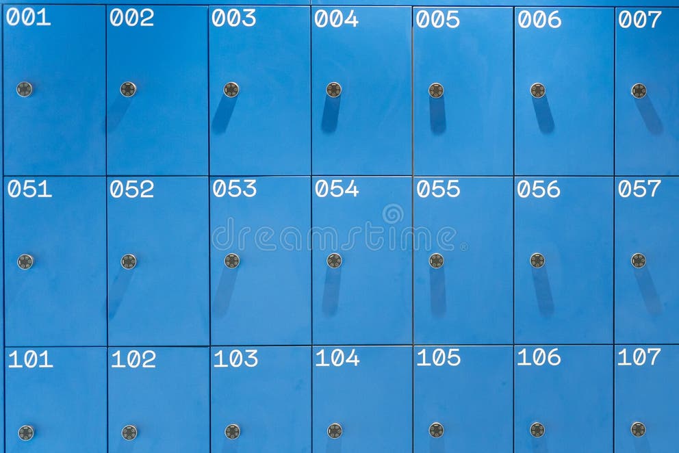 Row of Blue Lockers with Number Locks Stock Photo - Image of hallway ...