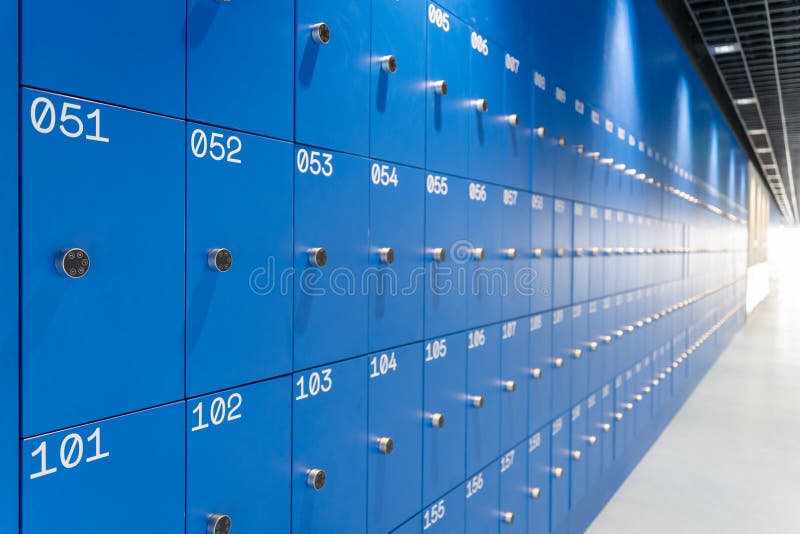 Row of Blue Lockers with Number Locks Stock Image - Image of storage ...