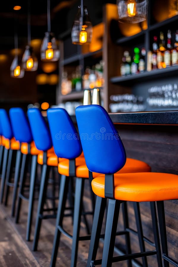 A Row of Blue and Orange Bar Stools in a Bar Stock Image - Image of ...