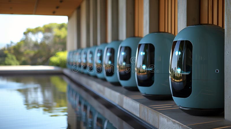 A Row of Blue Pods Sitting Next To a Pool, AI Stock Photo - Image of ...