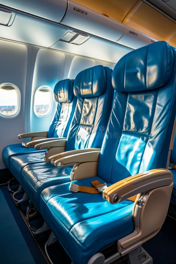 Row of Blue Seats in Airplane with Window. Generative AI Stock ...