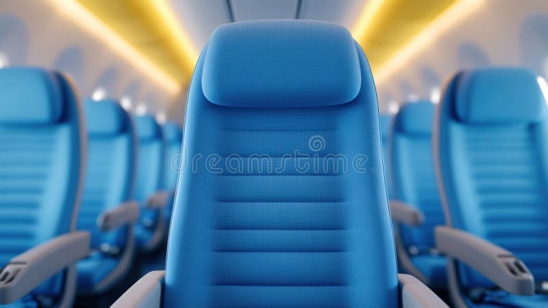 A Row of Blue Seats on an Airplane with a Yellow Light, AI Stock Photo ...