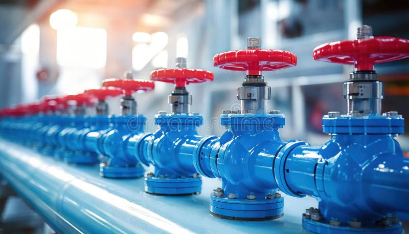 A Row of Blue Valves with Red and Silver Handles Stock Illustration ...