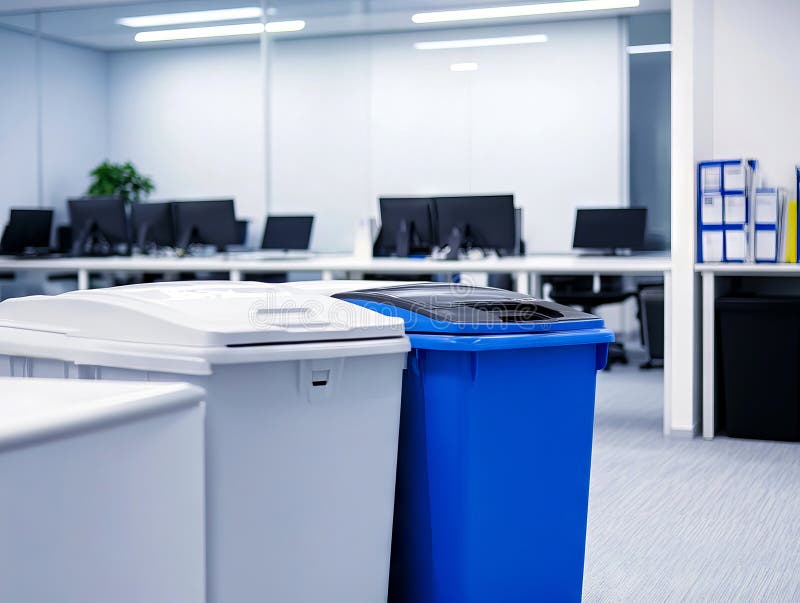 A Row of Blue and White Trash Cans in an Office Setting Stock Photo ...