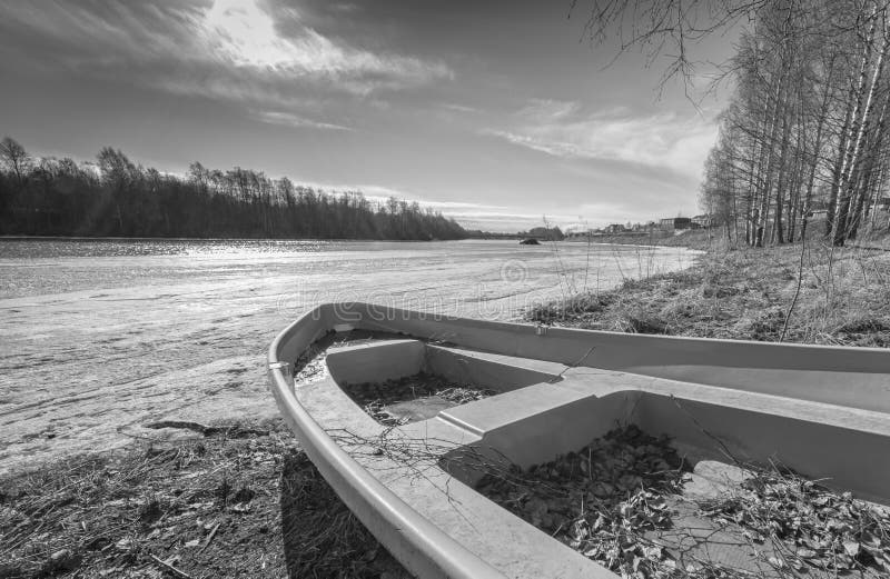 Row Boat by Icy River stock photo. Image of trees, rowboat - 70145720