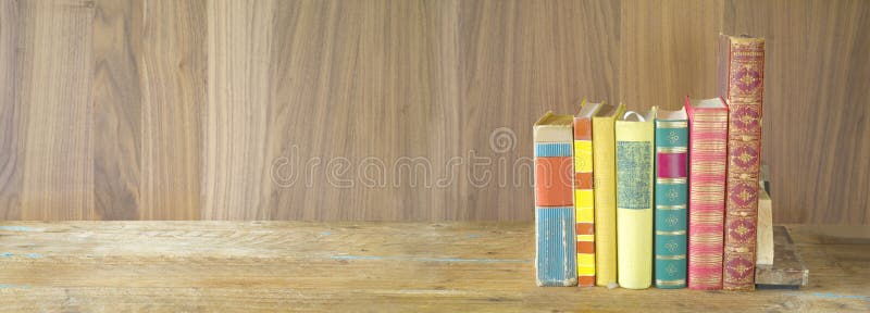 Row of Books on Wooden Background, Panorama Format, Good Copy Sp Stock ...