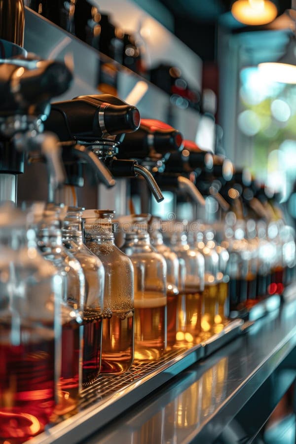 A Row of Bottles with Different Colored Liquids on a Counter Stock ...