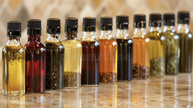 A Row of Bottles Filled with Different Types of Oils Lined Up Neatly on ...