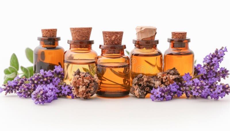 A Row of Bottles Filled with Essential Oils and Purple Flowers ...
