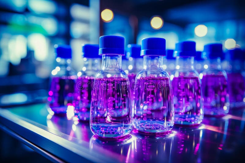 Row of Bottles Filled with Purple Liquid on Table. Generative AI Stock ...