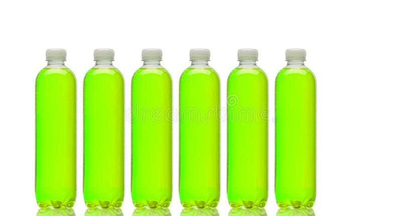Row of Bottles with Green Beverage Stock Image - Image of chilled ...