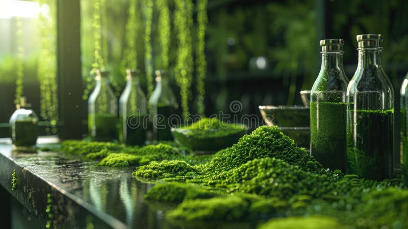 Row of Bottles with Green Liquid, Ideal for Laboratory or Science ...