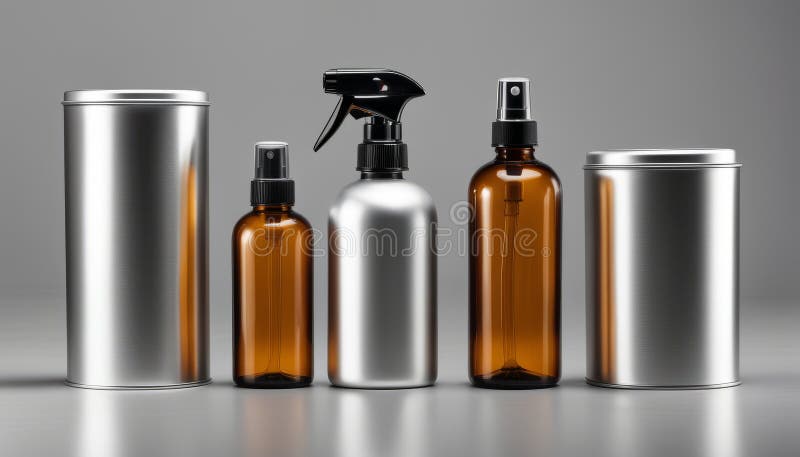A Row of Bottles, Including a Spray Bottle, Sit on a Table Stock ...