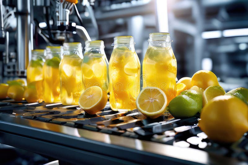 Row of Bottles with Lemonade Moving Along Belt Conveyor Stock Image ...