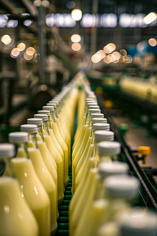 A Row of Bottles of Milk on a Conveyor Belt in a Factory Stock Image ...